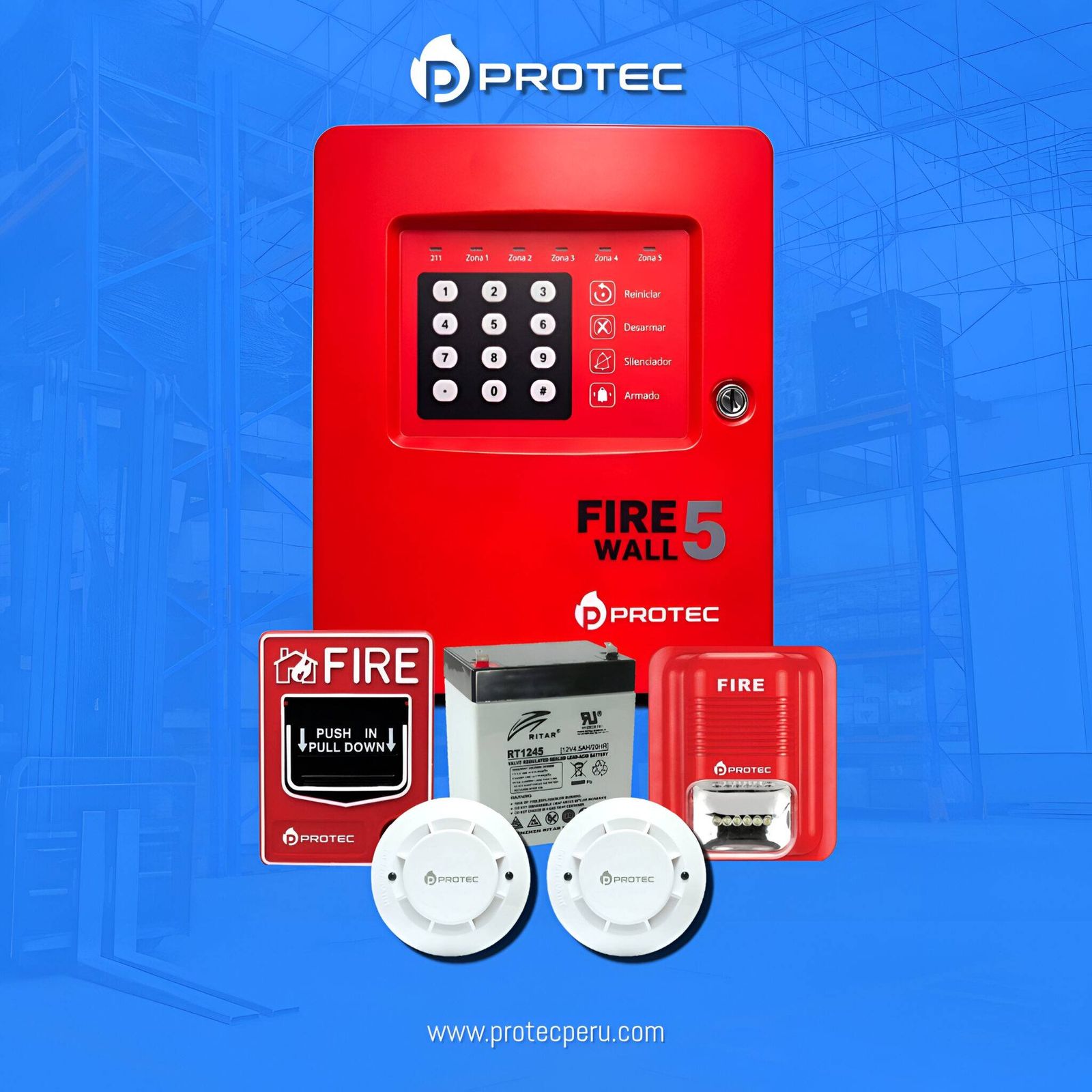 KIT CONTRA INCENDIO PROTEC FIREWELL 5 PANEL 5 ZONAS CON 2 DETECTORES DE ...