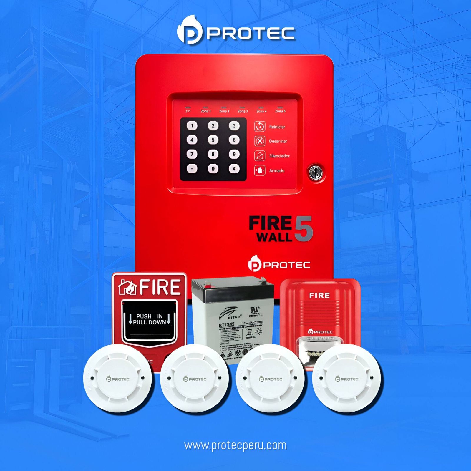 KIT CONTRA INCENDIO PROTEC FIREWELL 5 PANEL 5 ZONAS CON 4 DETECTORES DE ...